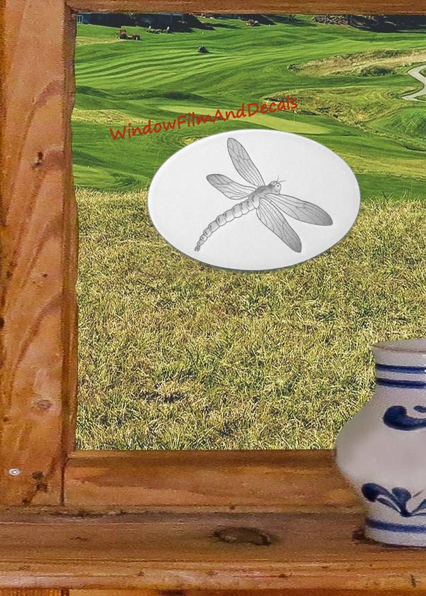 Dragonfly Oval Static Cling Window Decal 6" x 4" - White w/Clear Desig ...